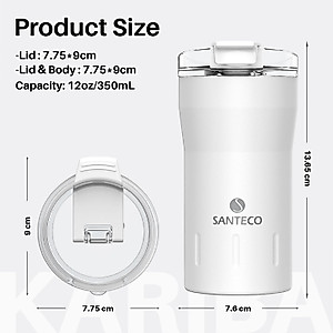 SANTECO Travel Coffee Mug 12 oz, Insulated Coffee Cups with Flip Lid, Stainless Steel Coffee Mugs Spill Proof, Double Wall Vacuum Tumblers, Reusable To Go Mug for Hot/Ice Coffee Tea - White