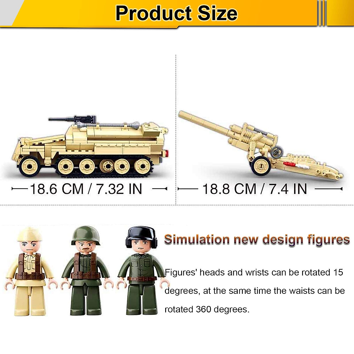 Military Army WWII Half-Track Troop Carrier with Cannon Toy Vehicle Building Kit, Army Series Building Block Set with 3 Soldier Figures, Best Roleplay STEM Construction Toy for Boys Girls (460 PCS)