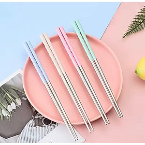 4 Pairs Chopsticks, Household Creative Tableware, Stainless Steel Chopsticks, Outdoor Portable Tableware Chopsticks Food Sticks With Wheat Straw, 7.46in (Pink)