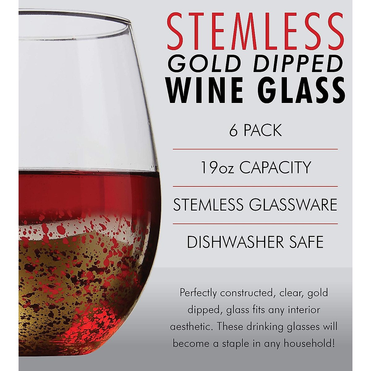 Kitchen Lux 18 oz Gold Rimmed Stemless Wine Glasses for Parties – Set of 6 Gold Wine Glass Cocktail Tumblers – Large Crystal Clear Wine Cups - Deluxe Glassware Gift for Christmas - Dishwasher Safe