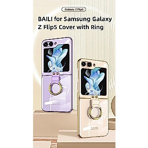 BAILI for Samsung Galaxy Z Flip5 Cover with Ring,Crystal Hard PC Galaxy Z Flip 5 Case with Small Screen HD Explosion-Proof Glass Film Transparent Cover for Samsung Galaxy Z Flip5-Purple