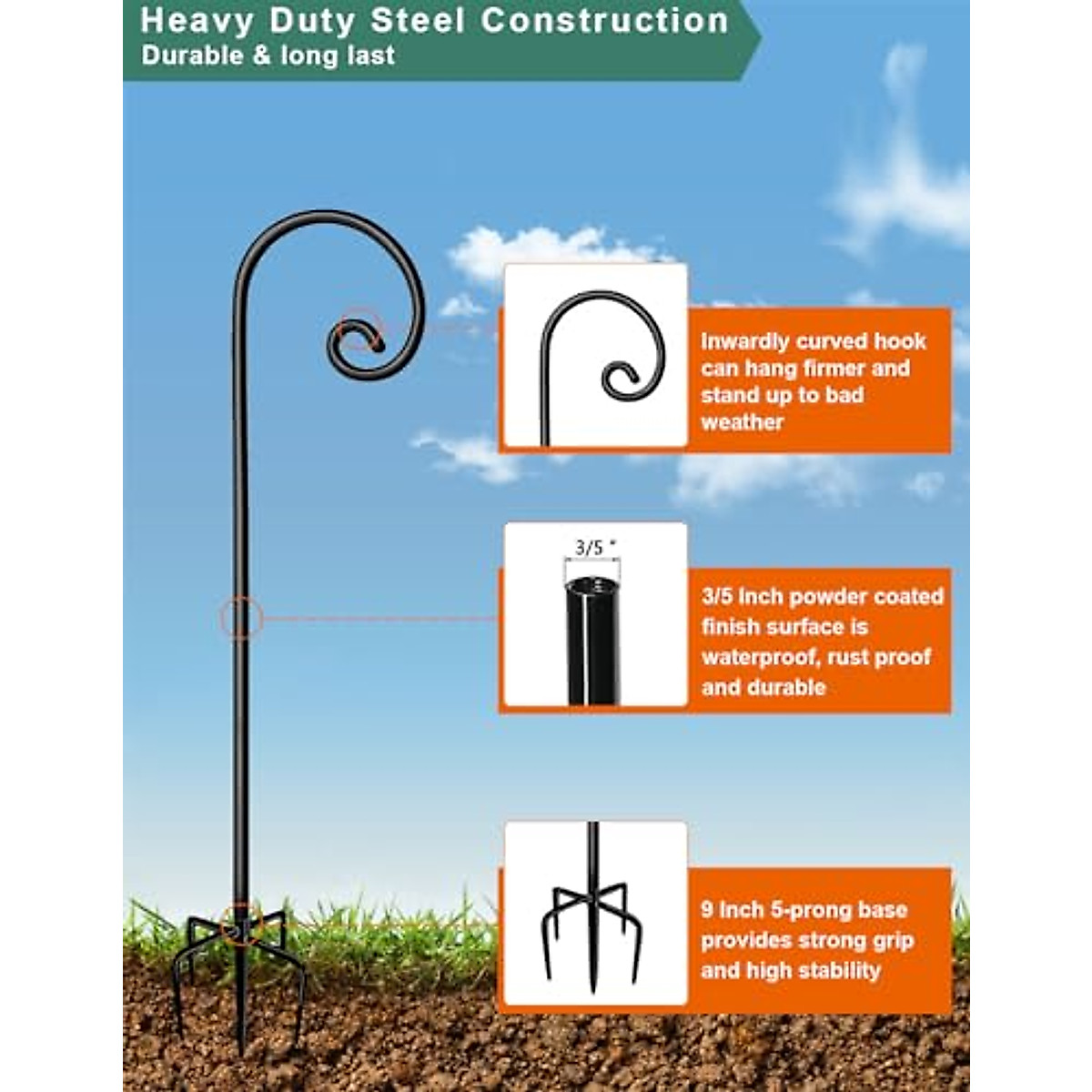 Koutemie 60 Inch Outdoor Shepherd Hook for Hanging Plant, Adjustable Heavy Duty Bird Feeder Pole with 5 Prong Base for Solar Lanterns, Black & 2 Packs