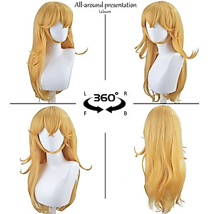 LALASAM Golden Princess Wig,3 Peice Set of Blonde Long Wavy Halloween Peach Cosplay Wig Costume Party Wigs with Crown,Wig Caps