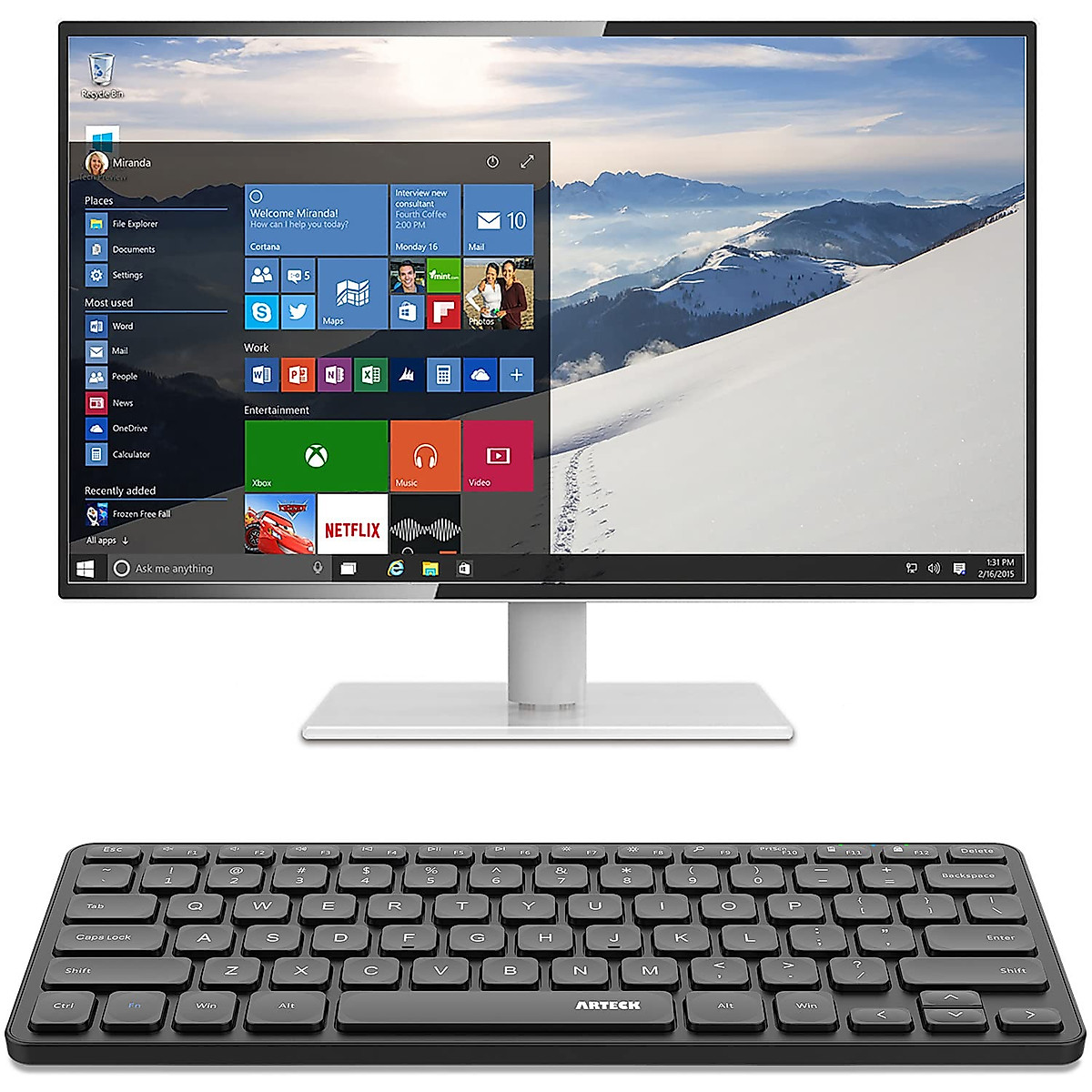 Arteck 2.4G Wireless Keyboard Ultra Slim and Compact Wireless Keyboard with Media Hotkeys for Computer/Desktop/PC/Laptop/Surface/Smart TV and Windows 10/8/ 7 Built-in Rechargeable Battery