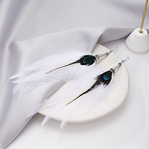 RUOFFETA Zinc Long Feather Earring, Handmade Boho Bohemian Multicolor Tassel Feather Earrings for Women, Style B