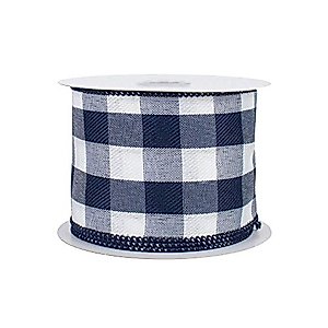 Navy Blue Plaid Wired Ribbon - 2 1/2" x 10 Yards, Summer, Fall, Christmas, Birthday, Wedding Decor, Father's Day, Baby Shower, Farmhouse Decor, Easter, Spring Decor