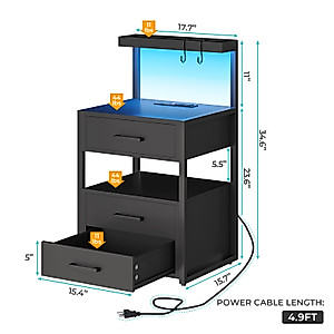 VIAGDO Led Nightstand with Charging Station, 3 Drawers Night Stands with Led Lights, Black Bedside Tables with Storage Shelves, Modern End Side Tables for Bedroom, Office