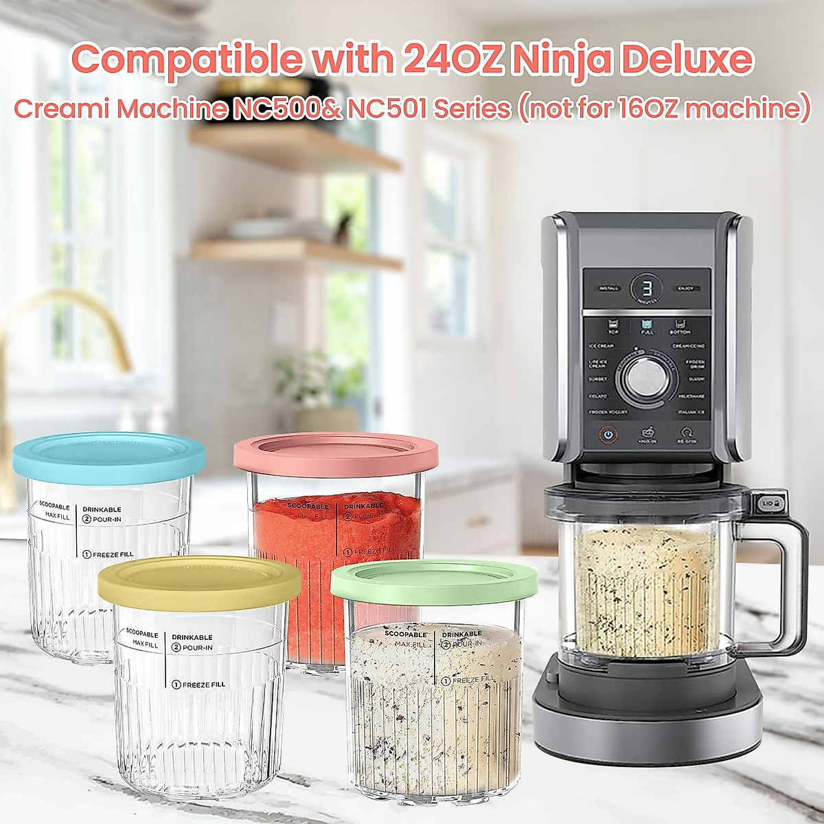 4 Pack-Compatible with NC501 NC500 Ninja Creami Deluxe Pints and Lids, Replacement for Ninja Creami 11-in-1 Series Deluxe Ice Cream Maker, 24oz Cups Dishwasher Safe with 5 Spoons and Insulated Bag