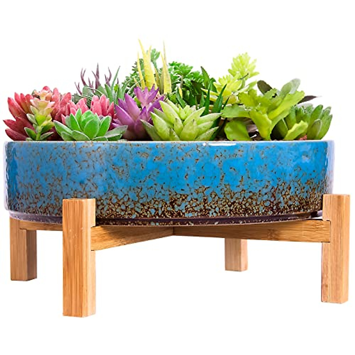 ARTKETTY Succulent Pots, 11 Inch Large Succulent Planters Pots with Drainage Ceramic Bonsai Pots with Bamboo Stand, Shallow Planters for Indoor/Outdoor Plants Modern Cactus Flower Plant Bowl (Blue)