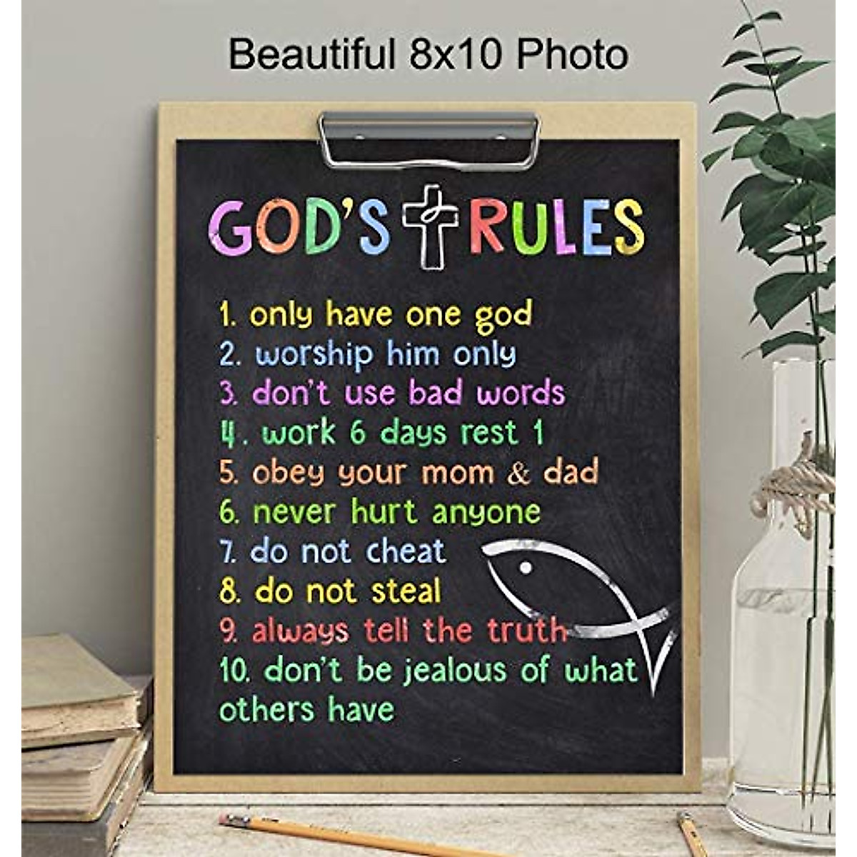 Ten Commandments Wall Decor for Kids, Boys, Girls Bedroom, Toddler Room or Nursery - Religious Bible Verse Wall Art, Christian Scripture Home Decoration - Cute Gift - 8x10 UNFRAMED Picture Print