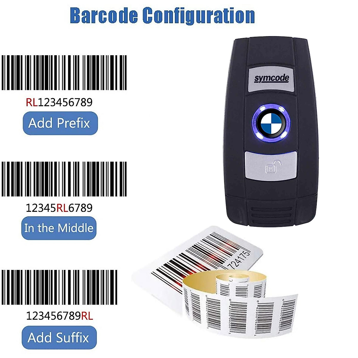 Symcode Bluetooth Barcode Scanner 1D Laser Wireless Barcode Scanner 3-in-1 BT & USB Wired & 2.4G Portable Handheld scanning Barcode Reader for Library Book, Warehouse Inventory, Store