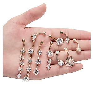 YOVORO 10PCS 14G 316L Stainless Steel Dangle Belly Button Rings for Women Navel Rings Curved Barbell Body Piercing Rose-gold