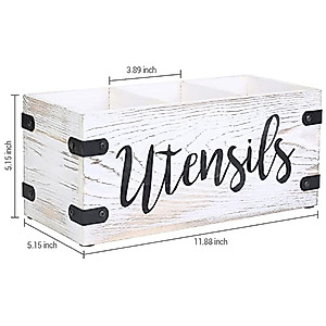 MyGift Whitewashed Solid Wood Flatware and Utensil Holder with Metal Corner Accents with 3 Compartments and Cursive UTENSILS Design