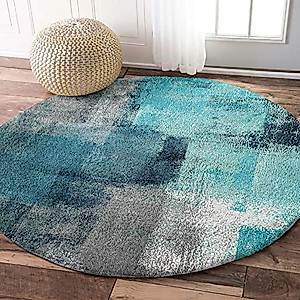 Graffiti Area Rug Turquoise and Grey Abstract Paint Round Rug Fluffy Floor Carpet Soft Rug Modern Art Non-Slip Throw Rug 4' Diameter for Living Room, Bedroom, Apartment, Sofa