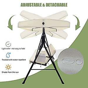 Outdoor Patio Swing Chair for 2-3 People, with Removable Cushion and Convertible Canopy, Weather Resistant Powder Coated Steel Frame, for Patio, Backyard, Garden (Light Off-White)