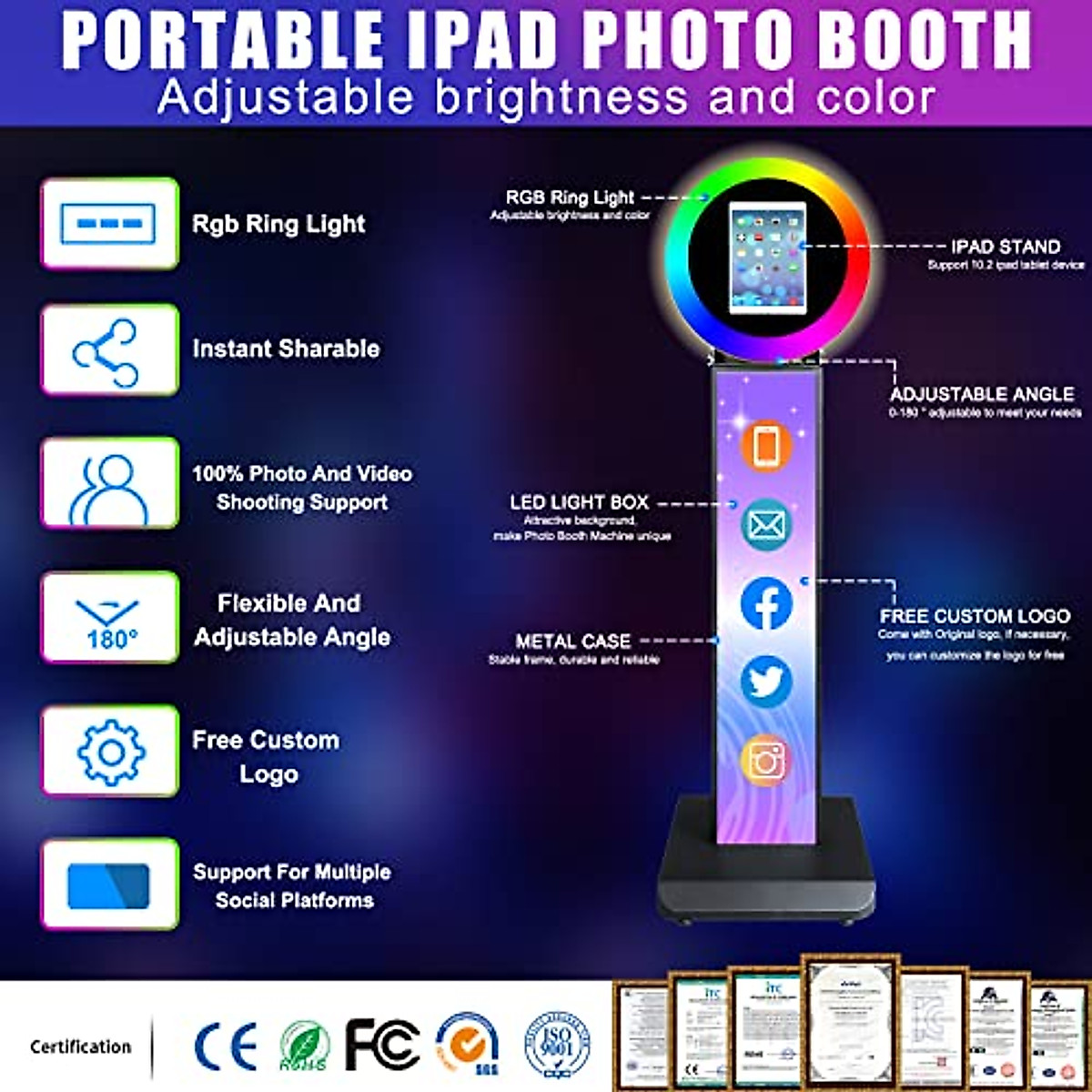 RDYMONKEY Portable Photo Booth for 12.9" Ipad, Metal Shell Stand Selfie Machine with Advertise Light Box, Adjustable RGB LED Ring Light,for Parties, Wedding, Exhibition, Rental Business