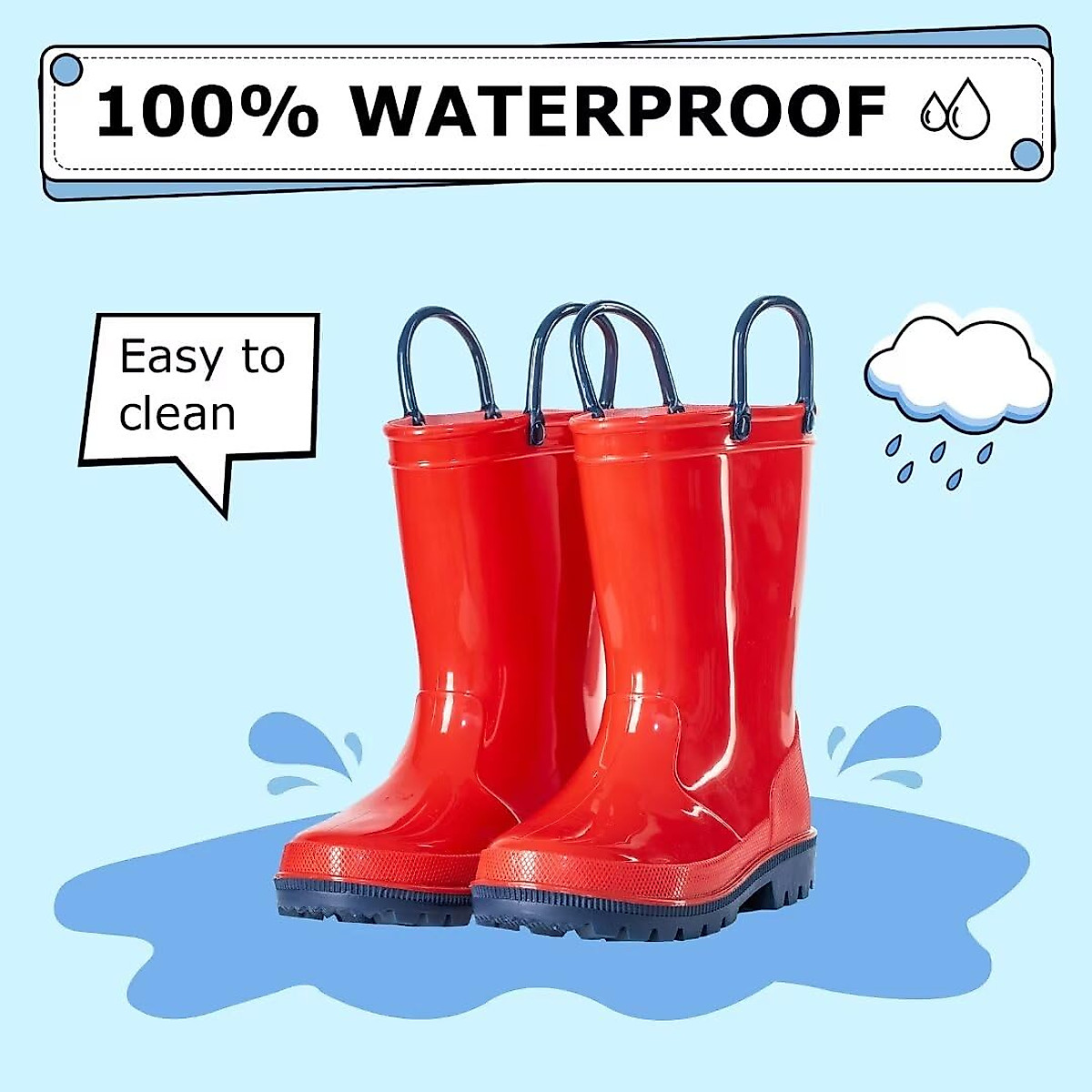 EUXTERPA Kids Rain Boots Unisex Children Lightweight Waterproof Boots Solid Color Toddler Rain Shoes with handles for Boys and Girls Toddler Size 2 Red