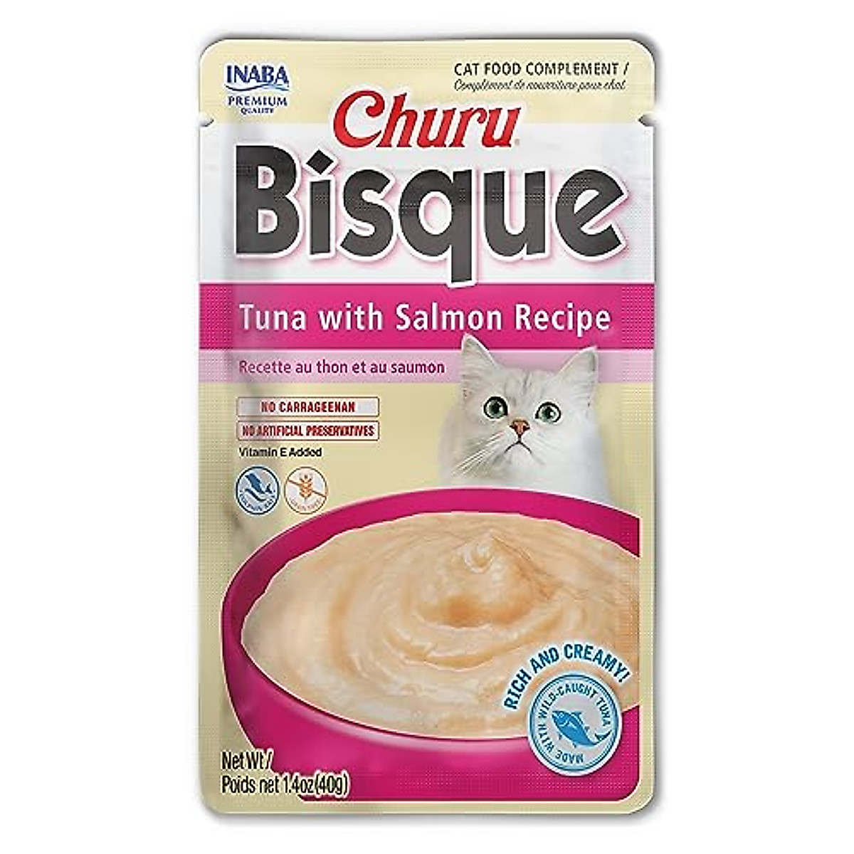INABA Churu Bisque Lickable Treats for Cats, Creamy Purée Bisque with Vitamin E, 1.4 Ounces per Pouch, 16.8 Ounces Total (12 Servings), Tuna with Salmon Recipe