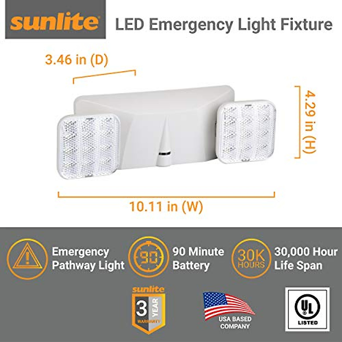 Sunlite 05268-SU LED Emergency Light Fixture, 2.4 Watts, 120-277 Volt, Dual Heads, 90-Minute Battery Backup, Wall or Ceiling Mount, IP20, UL Listed, White