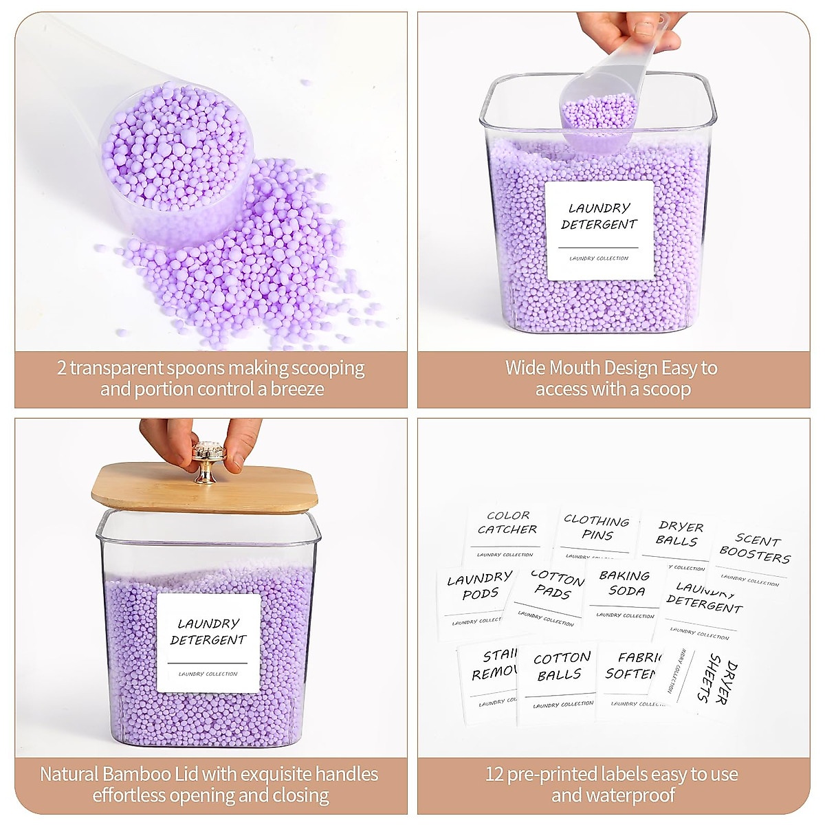 PLOUTA HOME 4 Pack Laundry Room Organization Storage Containers, Plastic Clear Laundry Pods Container & Dryer Sheet Holder Jars with Lids, Scoops & Labels for Detergent, Powder, Dryer Balls, Beads