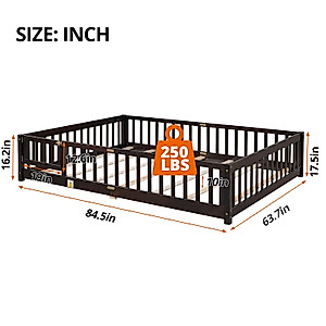 i-POOK Queen Floor Bed for Children, Sturdy Wood Montessori Bed Frame with Wood Slats, Fence & Door, Montessori Floor Bed for Girls and Boys, Espresso (with Bed Slats)