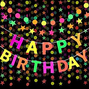 WILLBOND 3 Pieces Neon Happy Birthday Banner Black Light Circle Dots Banner Colorful Star Garland Reactive UV Neon Paper Hanging Decorations for Birthday Party Glow Party Wedding Supply