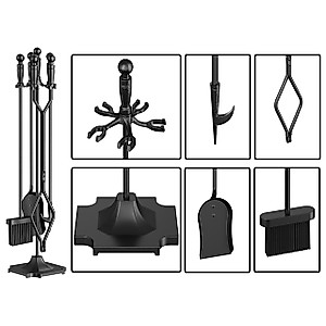 Fire Beauty Fireplace Tools Set 5 Pieces Wrought Iron Fireset Fire Pit Poker Wood Stove Log Tongs Holder Fireplace Tool Set with Pedestal Place