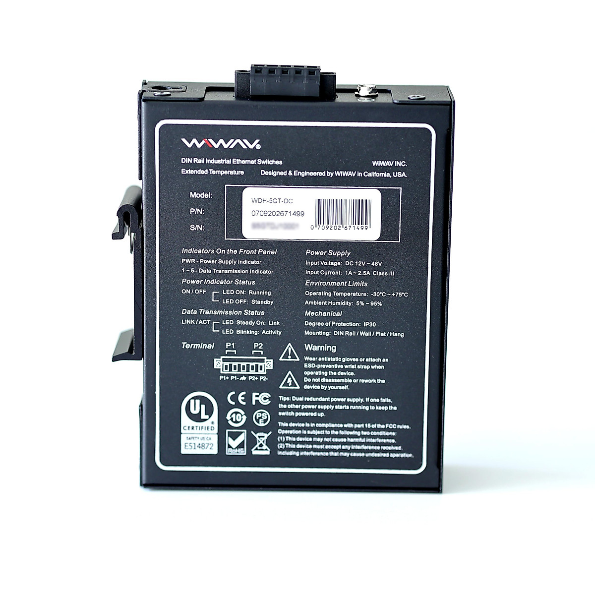 WIWAV WDH-5GT-DC 10/100/1000Mbps Gigabit Unmanaged 5-Port Industrial Ethernet Switches with DIN Rail/Wall-Mount (UL Listed,Fanless,-30℃~75℃)