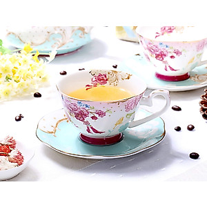 AWHOME Bone China Teacup and Saucer Sets Vintage Royal Style Tea Cup Red Flower Set 7-OZ