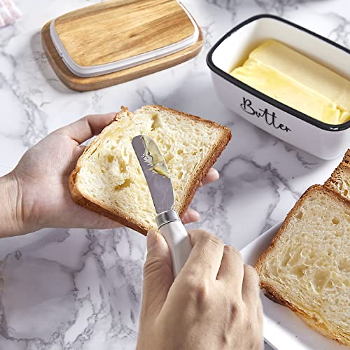 Butter Dish with Lid and Knife for Countertop, Airtight Butter Keeper for Counter or Fridge, Ceramic Butter Container with Thick Acacia Wood Lid, for Modern Kitchen Decor and Accessories, White