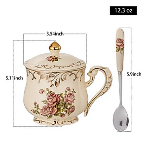 YOLIFE Tea Cup with Lid, 12 oz Tea Cup with lid and Spoon, Ceramic Flower Tea Cups Birthday Gift for Mom Women (Pink Rose)