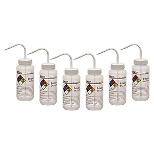 EISCO 2PK Wash Bottle for Ethanol, 500ml - Labeled with Color Coded Chemical & Safety Information (4 Colors) - Wide Mouth, Self Venting, Low Density Polyethylene Labs