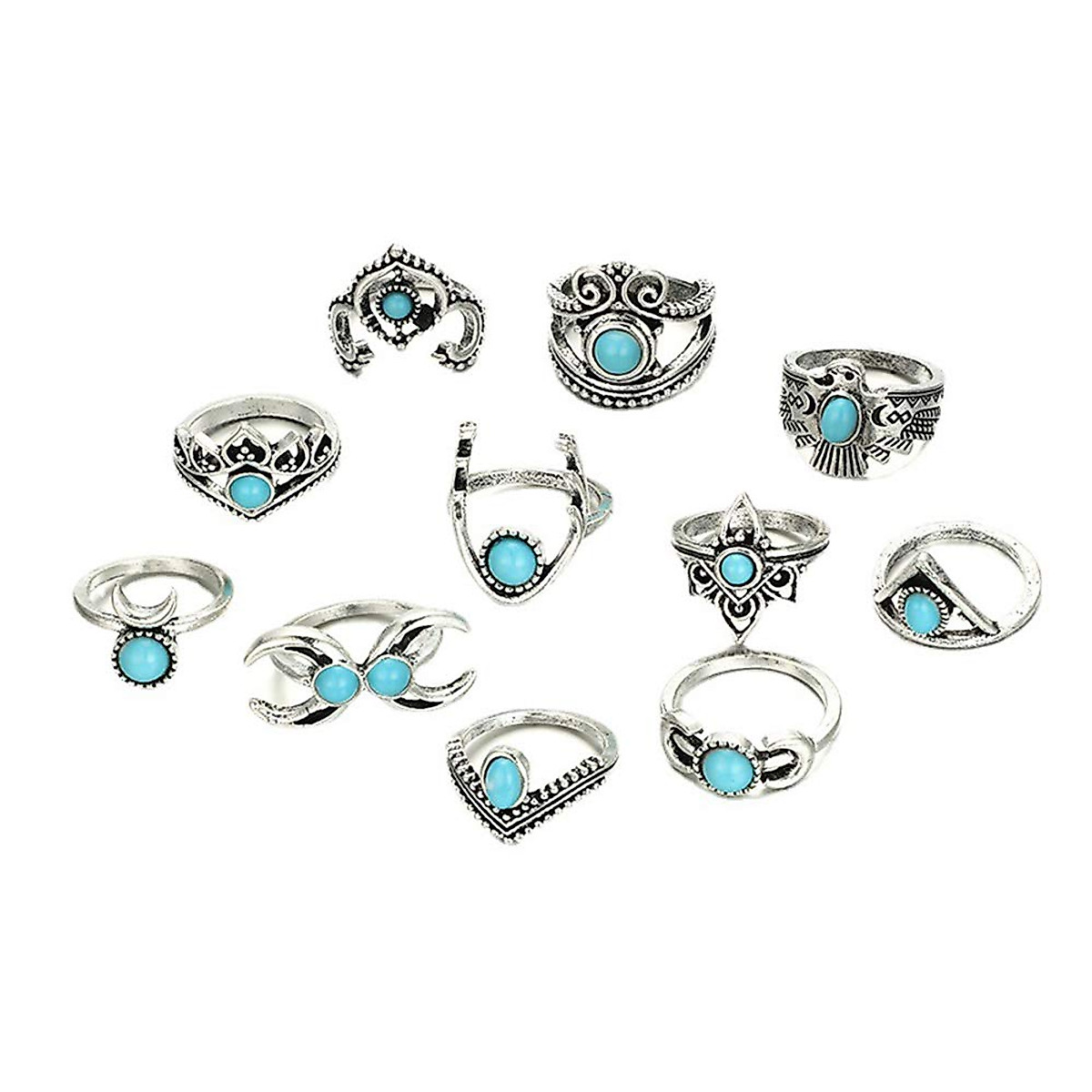 Asphire 11Pcs Bohemian Stacking Knuckle Rings Set Turquoise Midi Ring Punk Silver Animals Finger Rings for Women