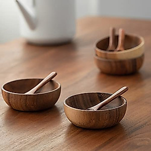 muso wood 3.9" Acacia Wood Bowl, Small Wooden Sauce Bowl for Party, Serving Bowls for Nuts, Salad, Appetizer, Condiments, Snacks (FREE 4 Wood Spoons, Set of 4)