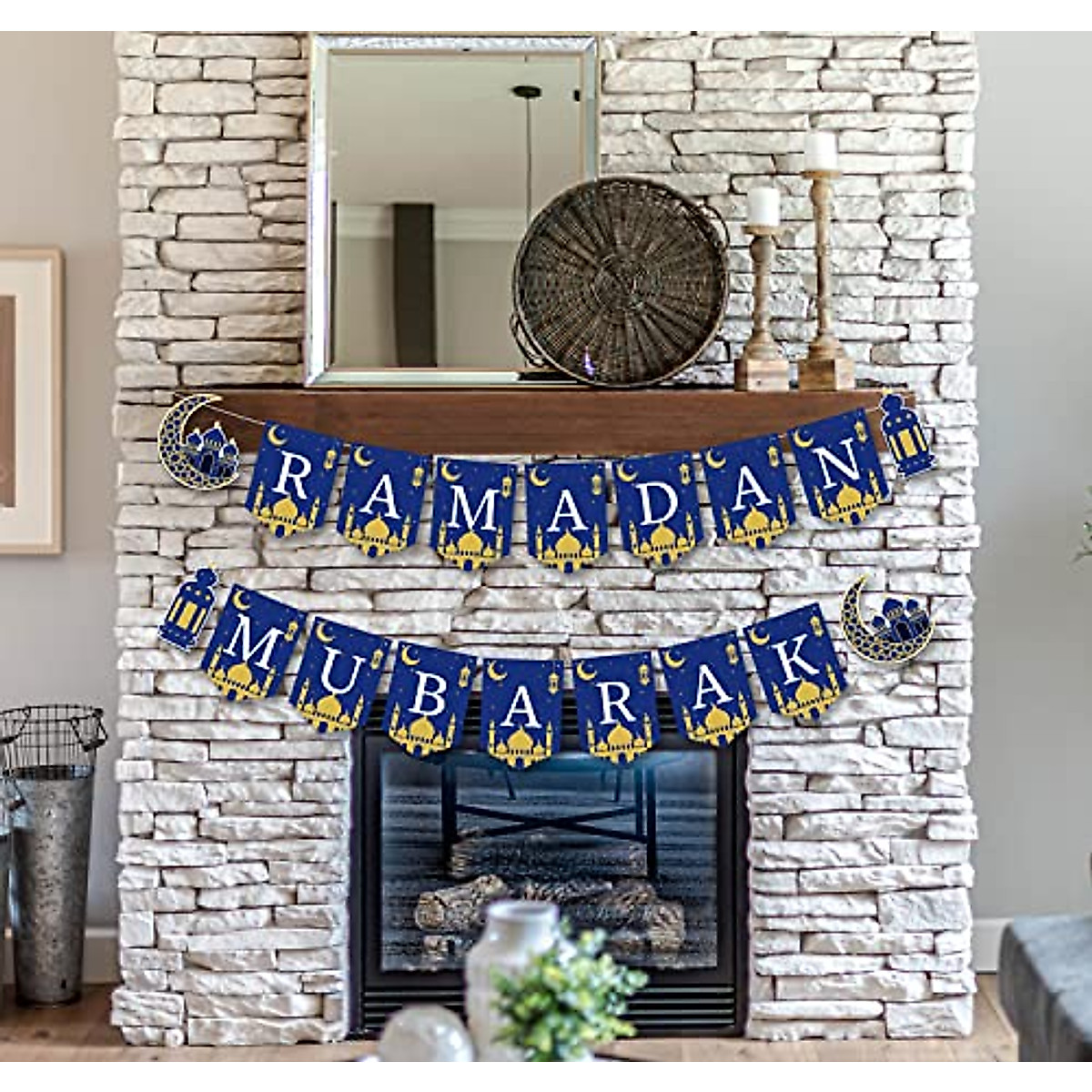 JOZON Ramadan Mubarak Banner Muslim Ramadan Mubarak Bunting Banner Garland with Lantern Moon Castle Sign Eid Mubarak Festival Celebration Party Decorations for Mantle Fireplace Wall Party Supplies