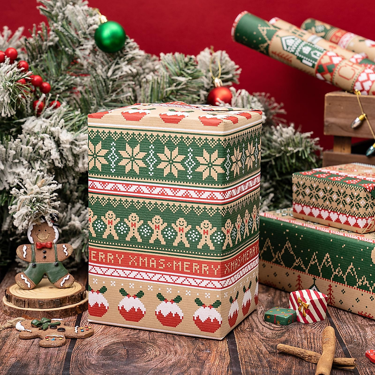 RUSPEPA Christmas Wrapping Paper Rolls - 17 inches x 10 feet per Roll, Total of 3 Rolls - Red and Green