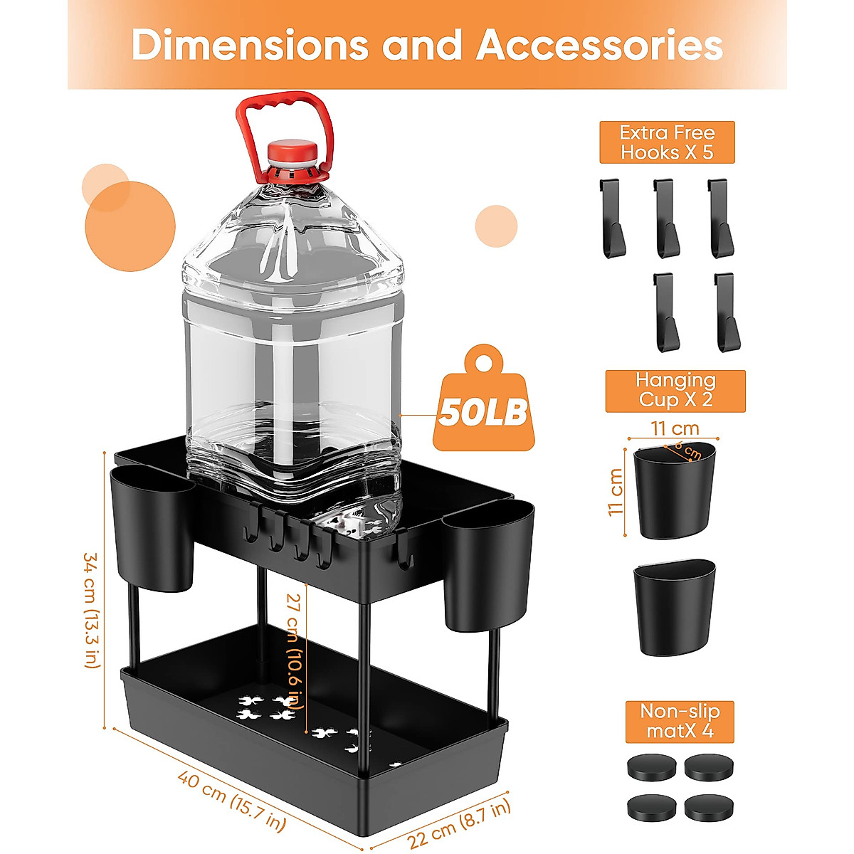 Under Sink Organizer, 2 tier Kitchen Under Cabinet Countertop Organizers Storage Rack Basket with 5 Hooks and 2 Hanging Cup for Bathroom, Kitchen, Pantry (1)