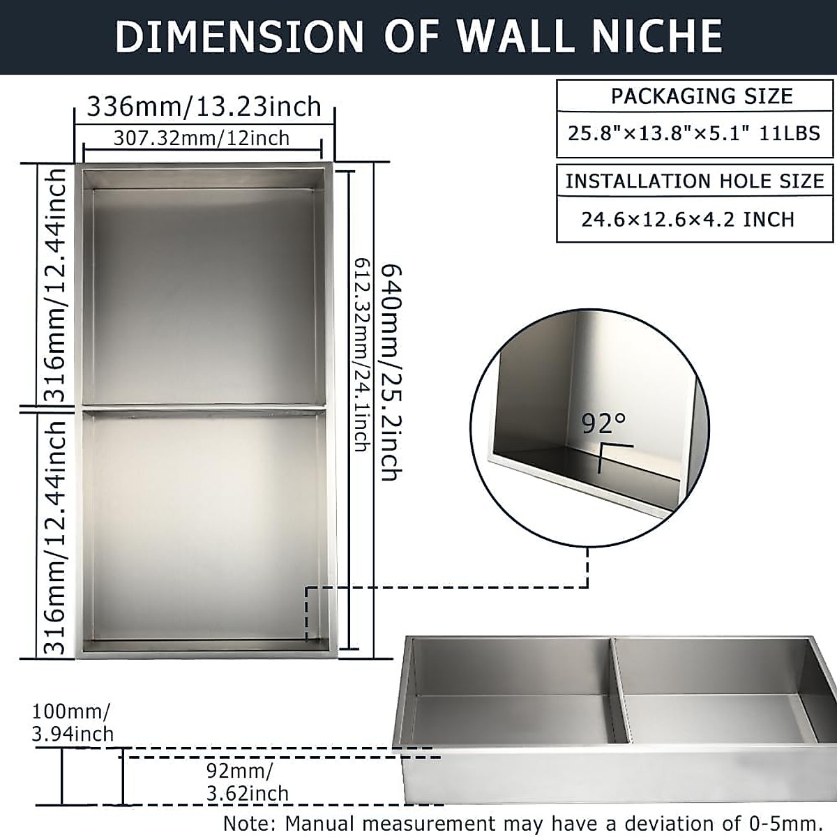 Stainless Steel Shower Niche 24" X 12",No Tile Needed Wall Niche Double Shelves,Recessed Niche Shower Shelf for Bathroom Storage