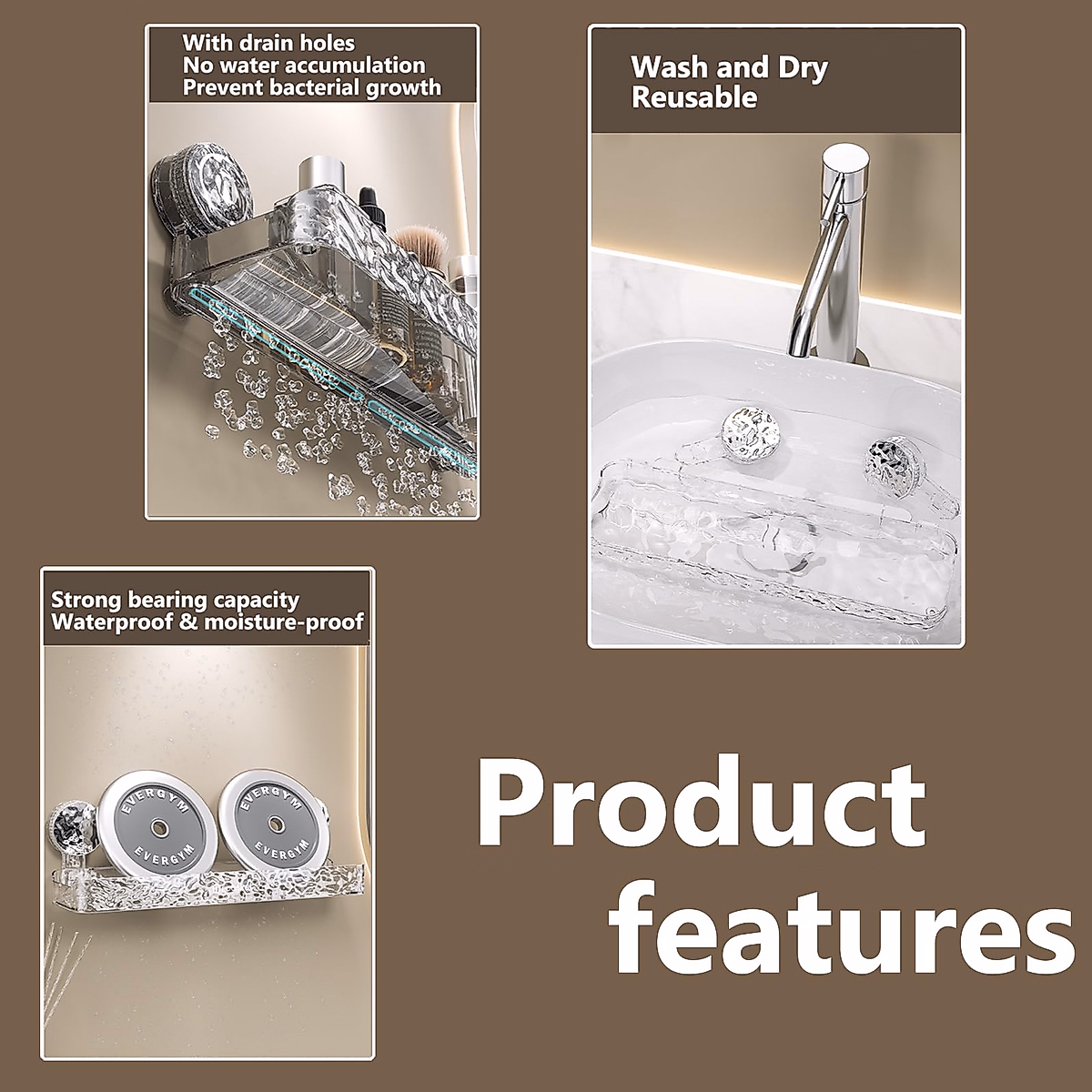 Shower Caddy Storage Rack without Drilling, Clear Shower Shelf with Suction cup, Wall Mounted Shower Rack, Shower Organizer - light luxury style glacier pattern Storage Caddy - Bathroom, Kitchen, room