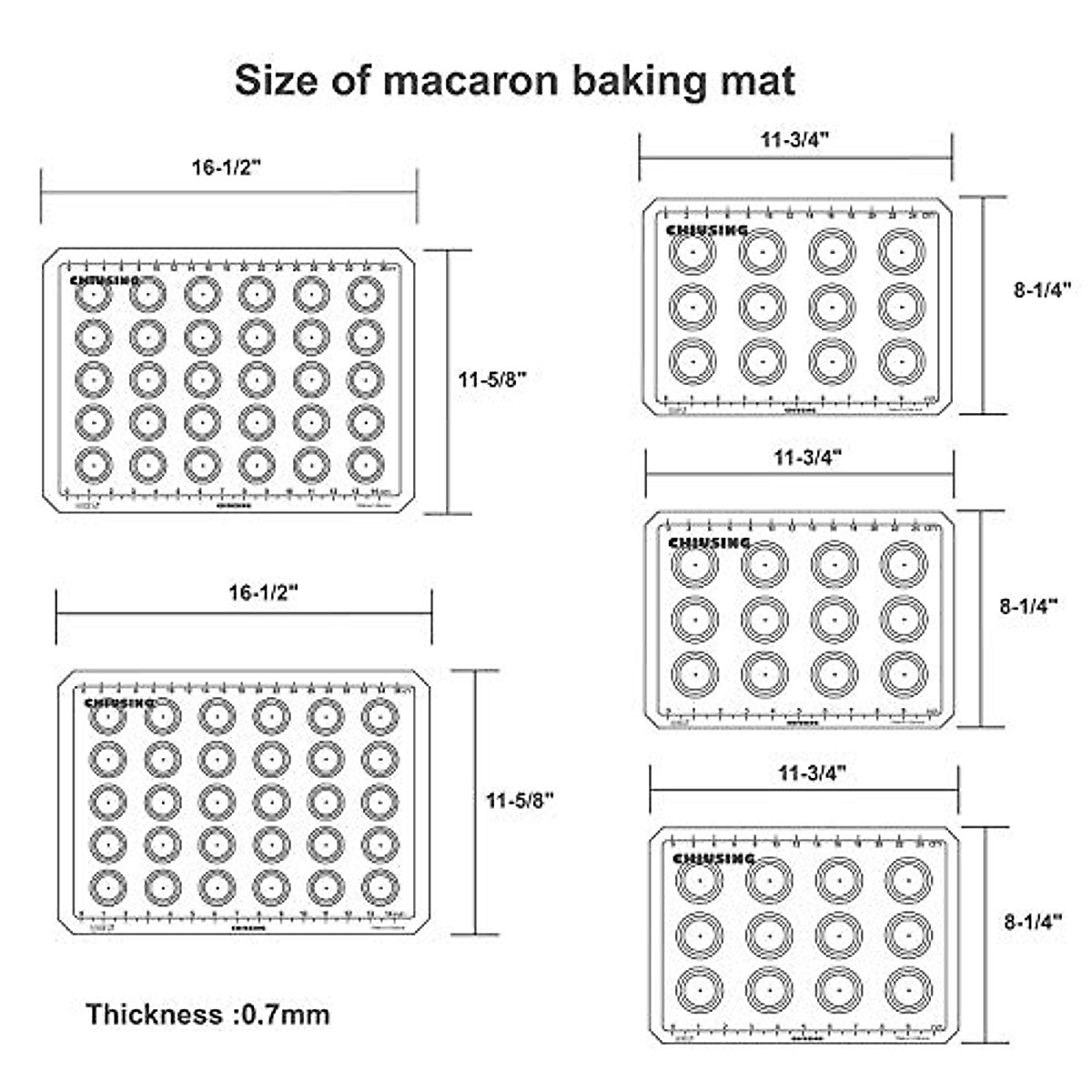 CHIUSING 5 piece silicone macaron baking mats with measurements,BPA free macaron silicone bake pastry mat for cake,cookie,pizza and macaron