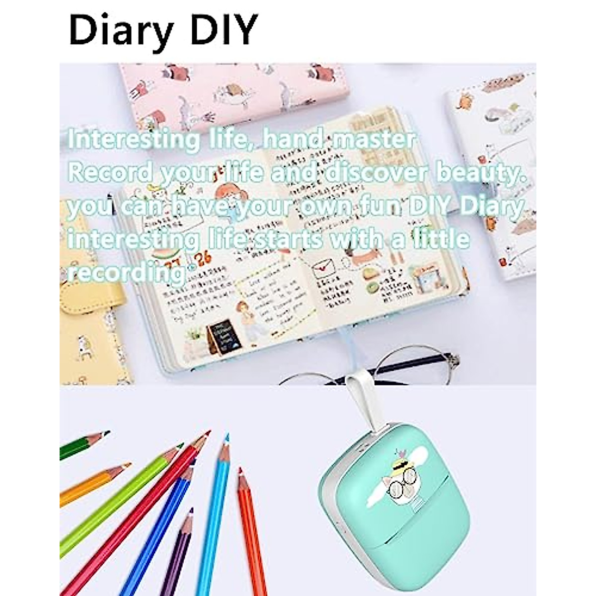 Mini Printer Portable, Pocket Thermal Printer with 5 Rolls Paper Compatible with iOS Android, Bluetooth Wireless Smart Printer for Learning Assistance, Study Notes, Work, Fun, Label List Note