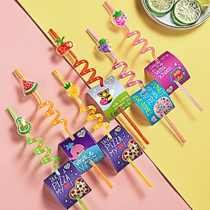 24 Glitter Fruit Party Supplies Drinking Straws Peach Grape Pineapple Cherry Watermelon Avocado Shape Design for Tutti Frutti Birthday Tropical Party Favors with 2 Straws Cleaning Brush