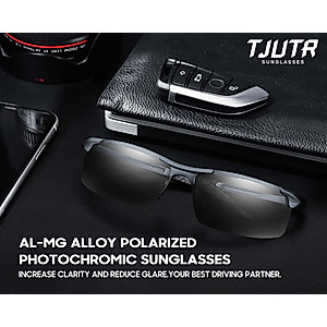 TJUTR Mens Polarized Photochromic Sunglasses Day & Night Driving Glasses Anti Glare | Ideal for Low to Medium Light Condition (Metal Gun/Grey Photochromic Polarized Lens)