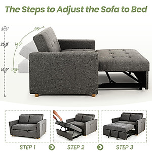 SEJOV Sleeper Sofa Bed, 3-in-1 Convertible Sofa Chair, Linen Fabric Pull Out Couch Bed, Loveseat Sleeper with Spring Support, Adjustable Backrest, 2 Seater Recliner Chair for Small Space, Dark Grey