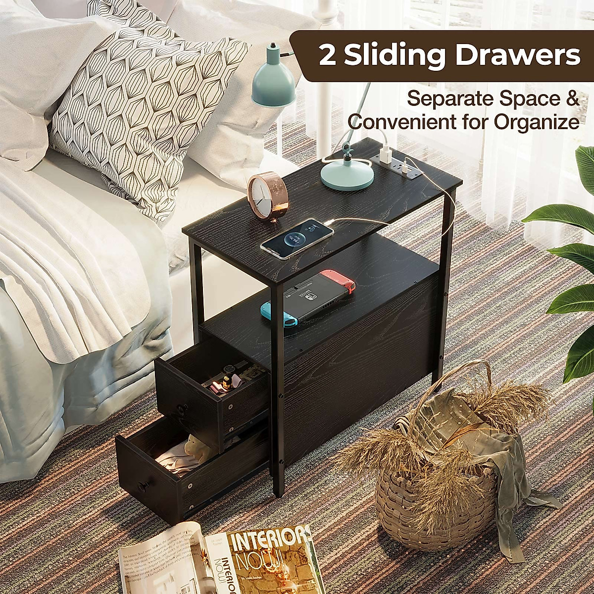 Rolanstar End Table with Charging Station, Narrow Side Table with 2 Wooden Drawers, USB Ports and Power Outlets, Nightstand Sofa Table for Small Spaces, Living Room, Bedroom, Black