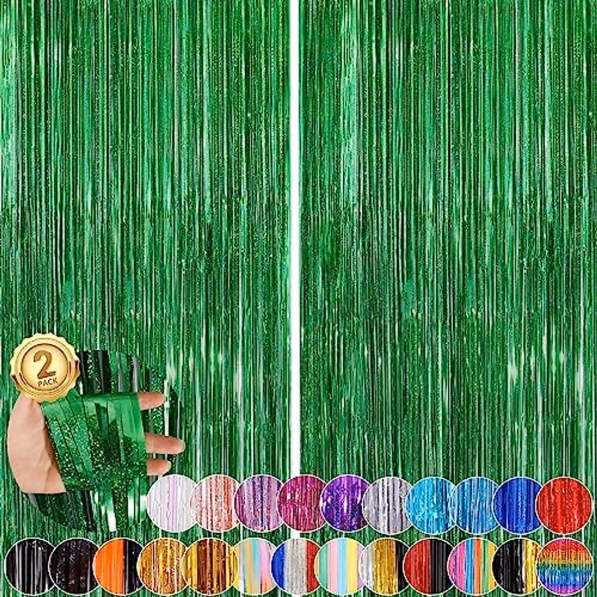 Green Party Streamers 2Pack Foil Fringe Curtains 3.3 x 8.3ft Door Streamers Metallic Tinsel Curtain New Year Party Decors Glitter Streamers Decors Photo Booth Tinsel Streamers Birthday Party Decors