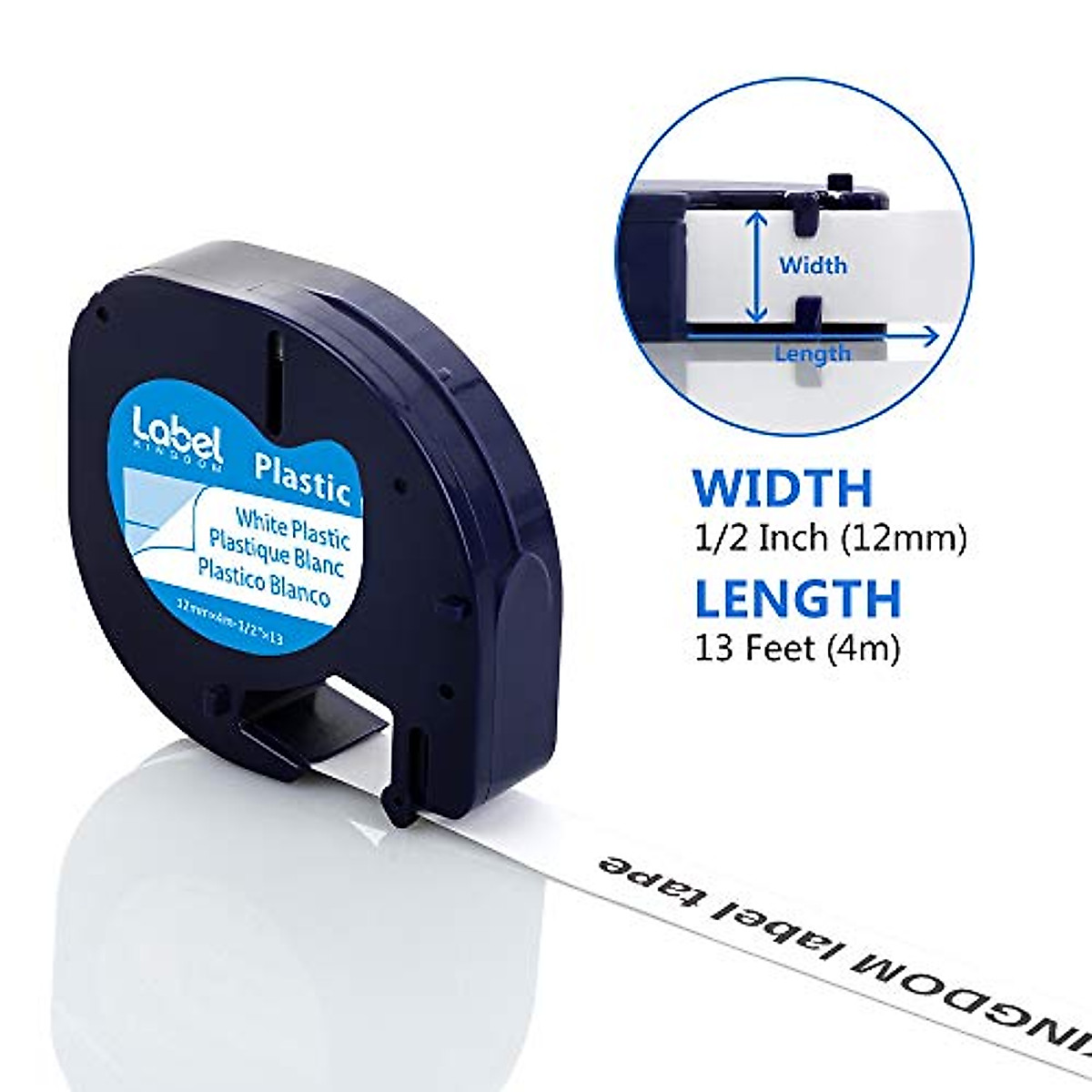 Label KINGDOM Label Replace for DYMO LetraTag Refills 91331 White Plastic Label Tape 12mm x 4m (1/2" x 13') for Dymo LetraTag 200B Plus LT100H LT100T QX50 Label Maker, Black on White, 5-Pack
