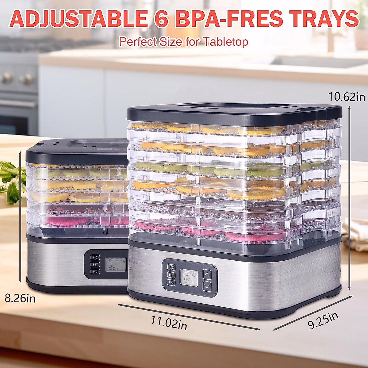 HOPERAN Food Dehydrator, 6 Trays Dehydrator with 72H Timer & 95-167℉ Temperature Control & LED Display, Dehydrators for Food and Jerky, Fruits, Herb, Veggies, Pet Treat, BPA-Free, Recipe Book Included