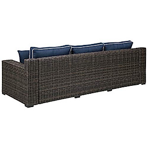 Signature Design by Ashley Grasson Lane Outdoor Patio Wicker Sofa with Cushion and 2 Pillows, Brown & Blue