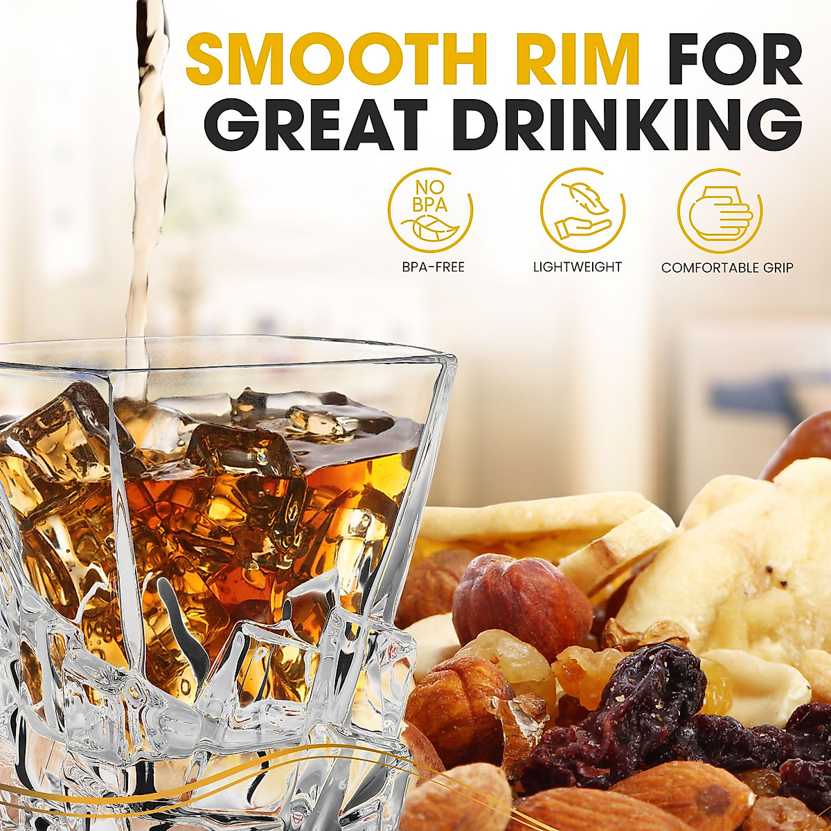 BERKWARE Lowball Whiskey Glasses - Clear Old Fashioned Glasses with Square Top Design for Bourbon, Scotch & More, 9.5oz each (Set of 6)